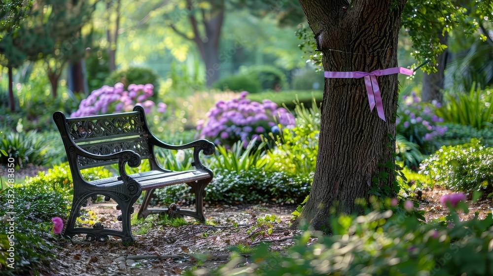 A serene garden with a bench and a cancer awareness ribbon tied to a ...