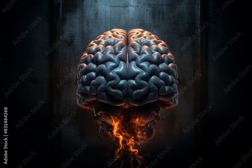 Human brain exposed, head in stress, dark moody lighting, top view ...
