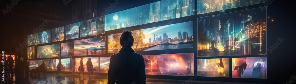 Person in front of a video wall composed of multiple TV screens ...