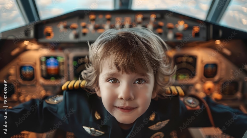 excited child dreaming of becoming airplane pilot posing in cockpit ...