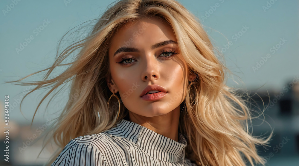 Stunning portrait of a beautiful woman influencer and model with blonde ...