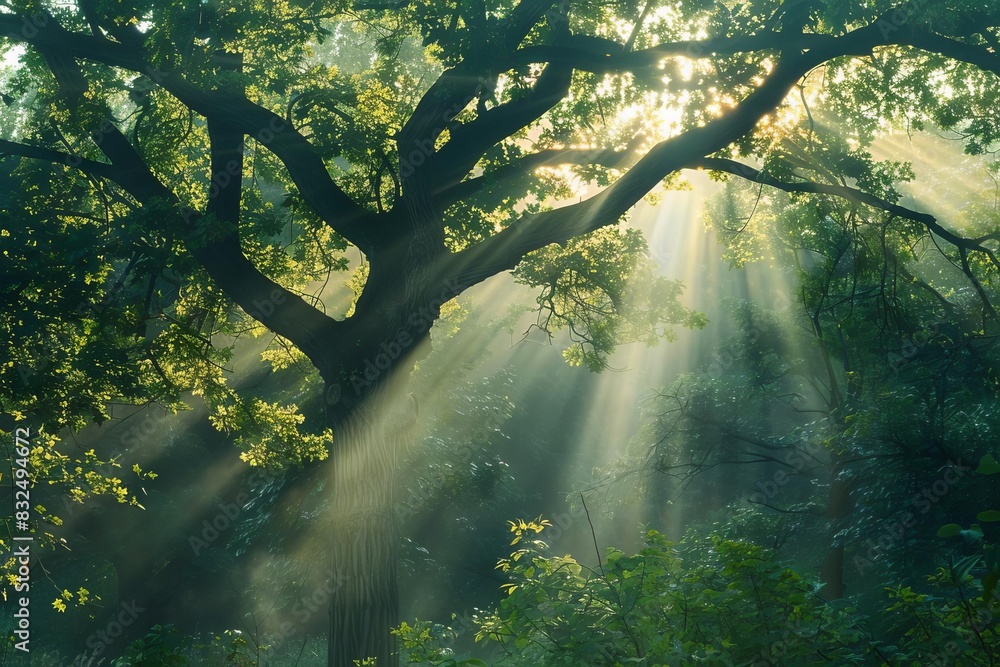 Magical forest scene with fabulous trees, sun rays illuminating the ...