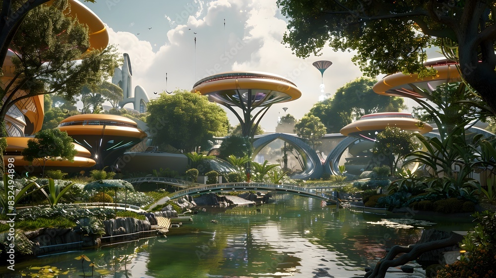 Floating Futuristic Eco-Friendly Landscape with Organic Architecture in ...