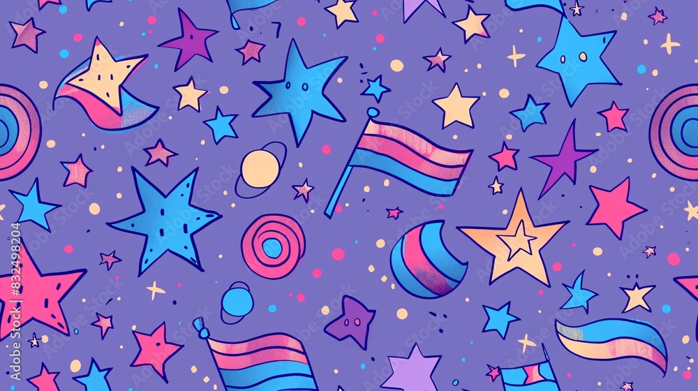 Hand-drawn seamless pattern featuring Bisexual Pride symbols like flags, stars, and circles ...
