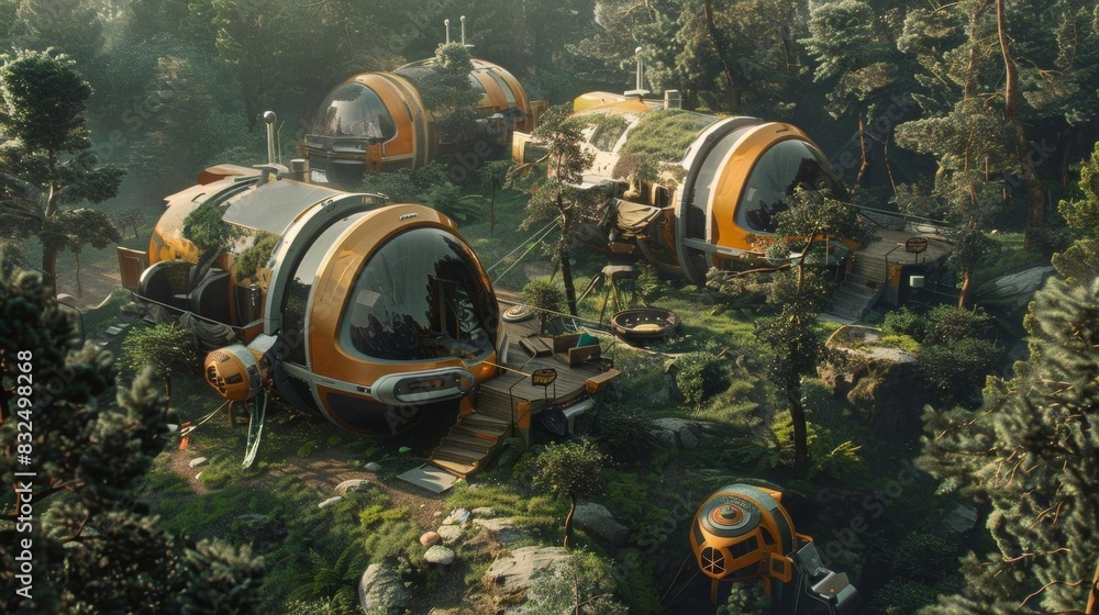 Bring to life an aerial view of futuristic technologies integrated into ...