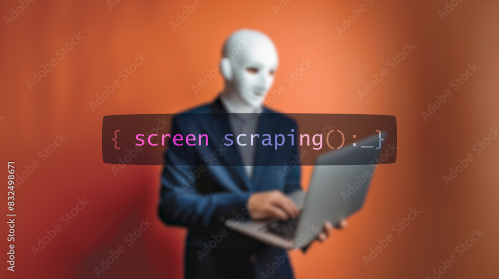 Cybersecurity concept screen scraping on foreground screen, hacker silhouette hidden with low ...