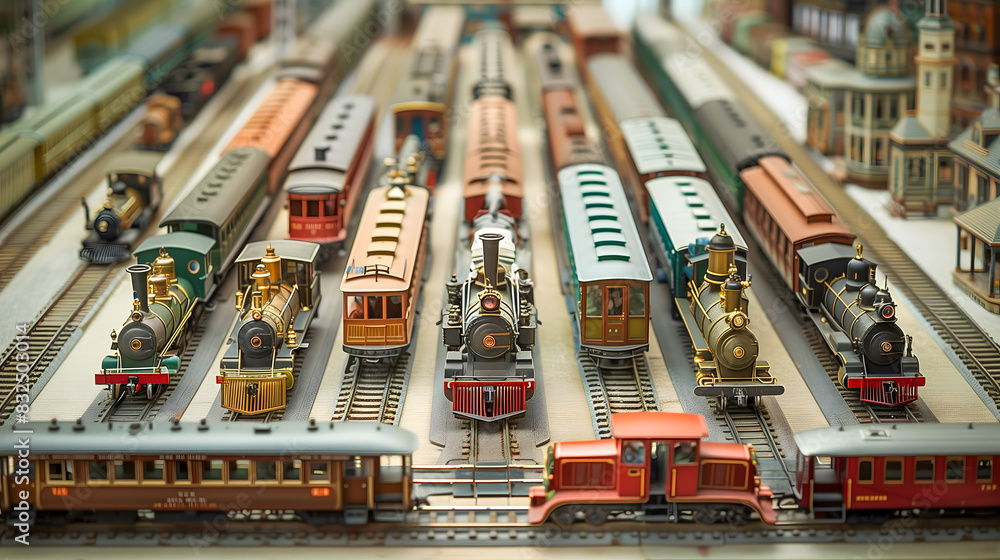collection of model trains arranged on parallel tracks. The models ...