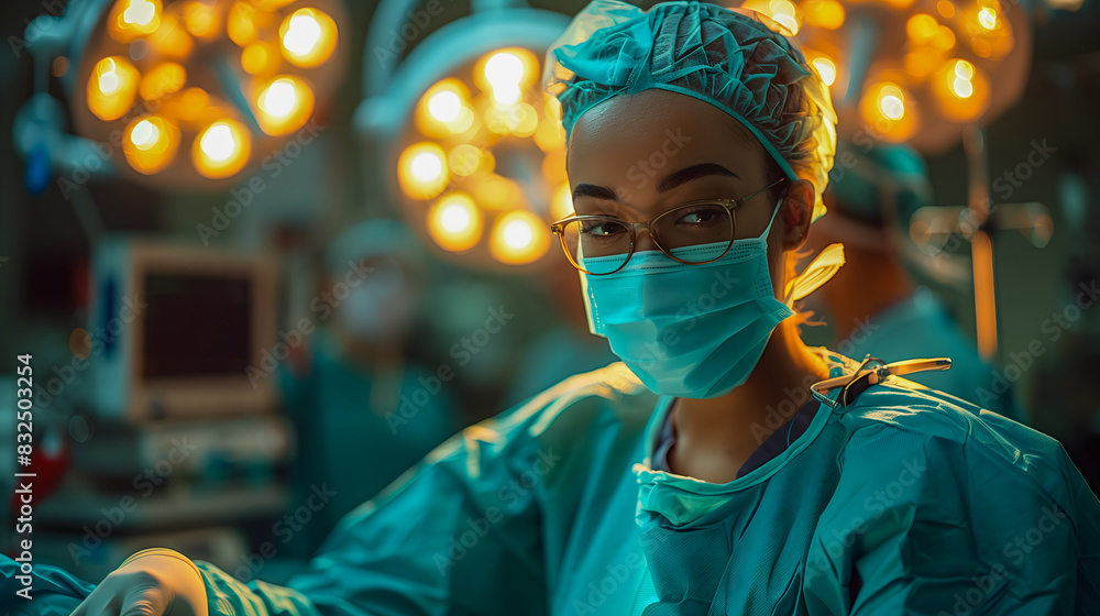 woman in surgical attire, including a cap and mask, standing in an ...