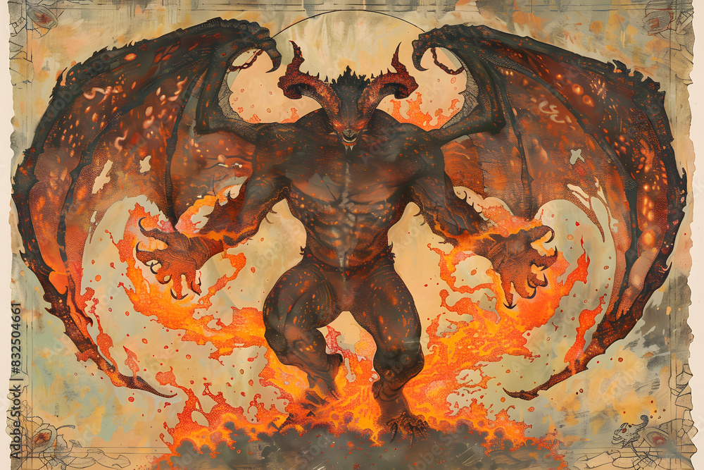 Pointillism: Hulking Demon with Fiery Wings in Art Nouveau Style Stock ...