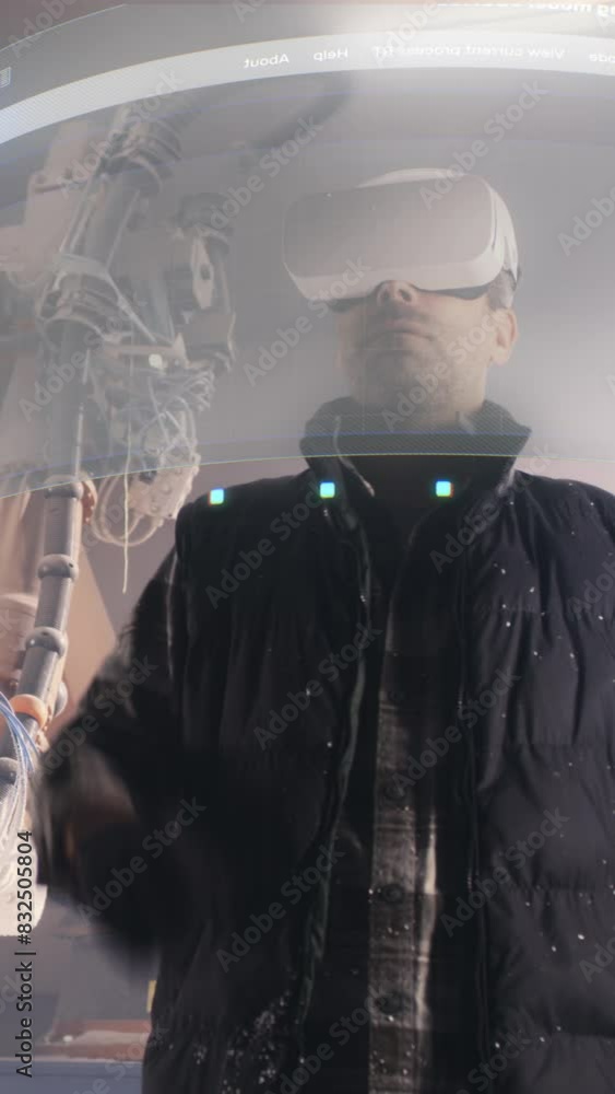 A worker in a workshop uses a VR headset with a holographic augmented ...