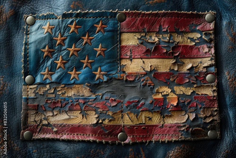 A close-up of a vintage American flag patch sewn onto a worn leather jacket, symbolizing rugged ...