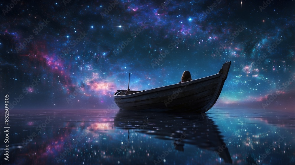 A mesmerizing digital anime depicts a shimmering starry skiff gliding ...