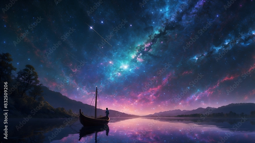 A mesmerizing digital anime depicts a shimmering starry skiff gliding ...