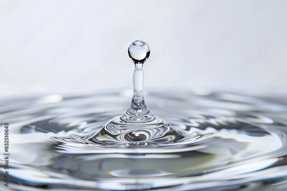 A single water droplet is descending into a container filled with water ...