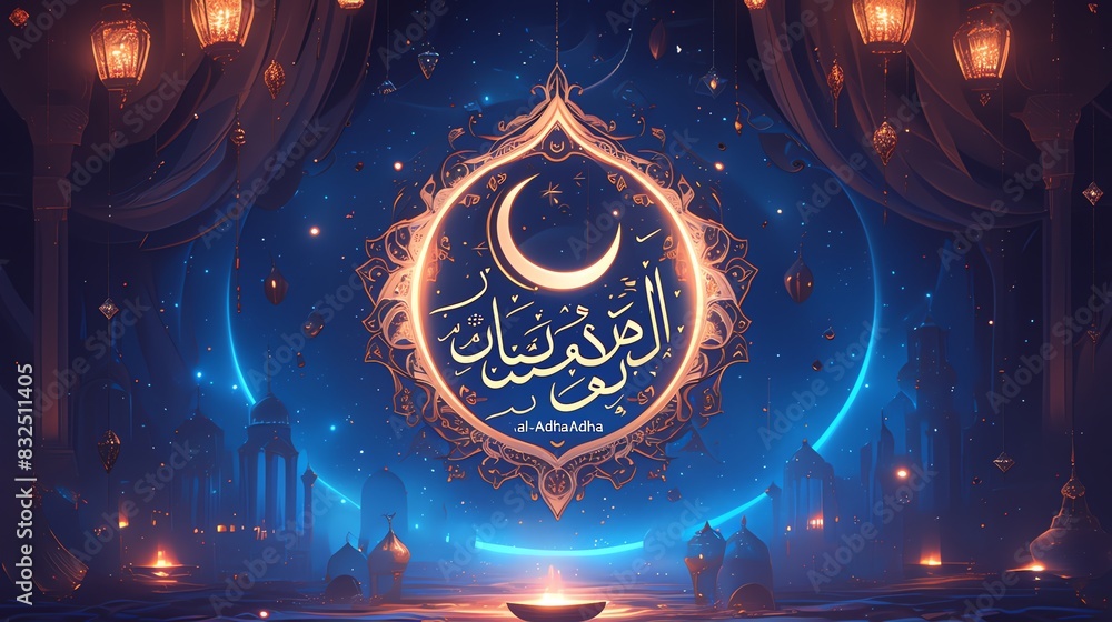 Eid al-adha lanterns and mosque elements on a night sky background ...