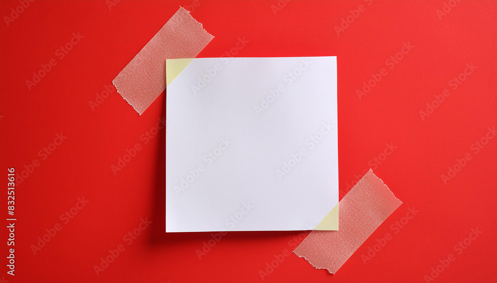 Note paper piece taped to red background. Minimalist mock up design ...