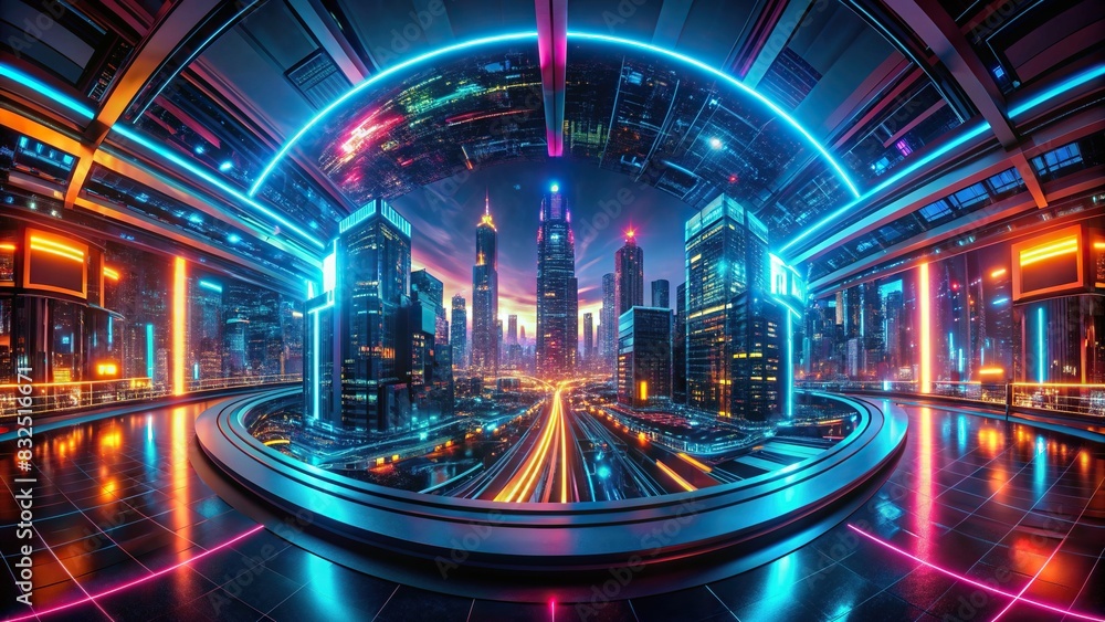 Modern futuristic 12K HDRI abstract panorama with LED and neon lights ...