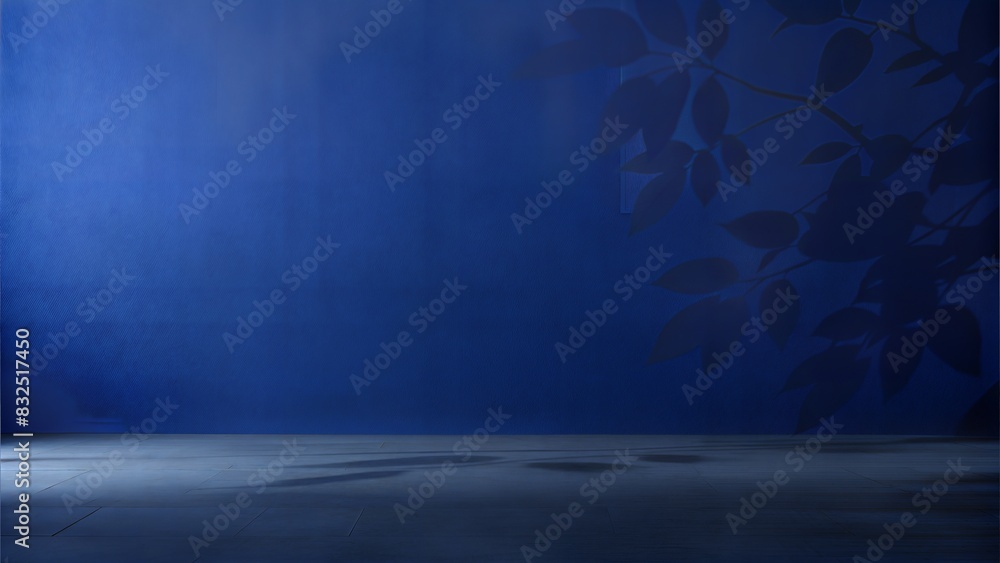 Navy Blue Wall Leaf Shadows: A deep navy blue wall and floor with ...
