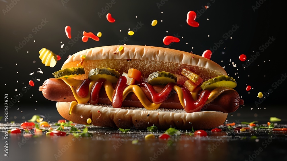 flying hot dog with ketchup mustard and pickles on a dark background ...