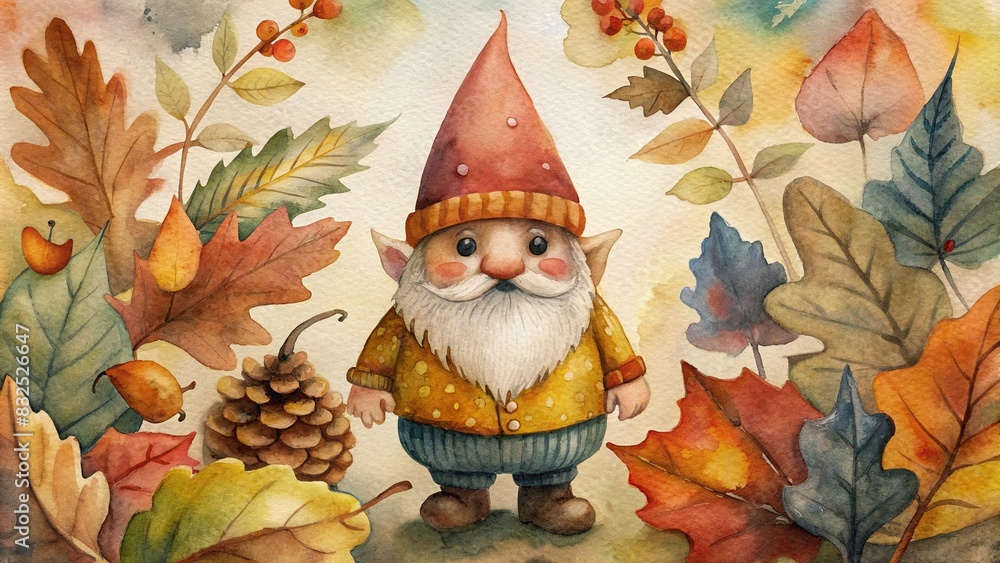 Watercolor cute autumn fall gnome clipart with foliage and acorns Stock ...