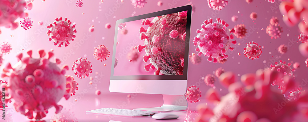 3d render of computer with virus, pink background, Pharma ad concept ...