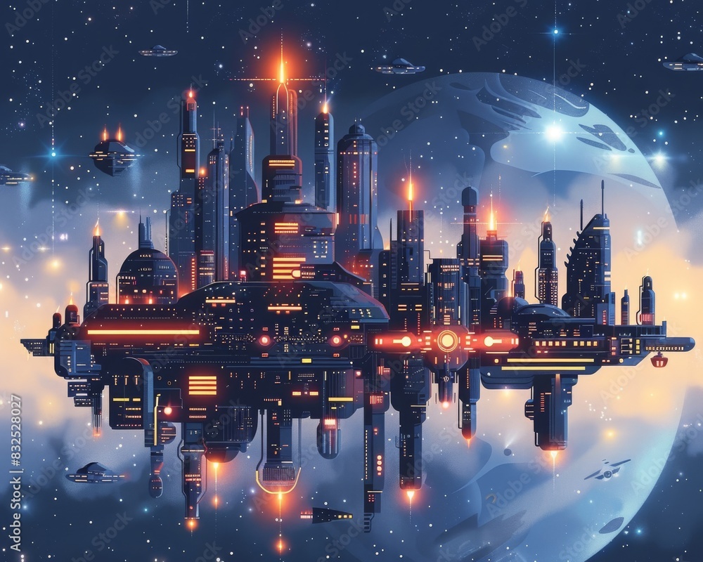 Futuristic space city floating above a planet, illuminated with vibrant ...