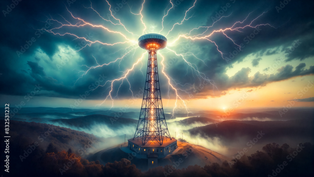 Tesla Tower radiating energy, with lightning streaking across stormy ...