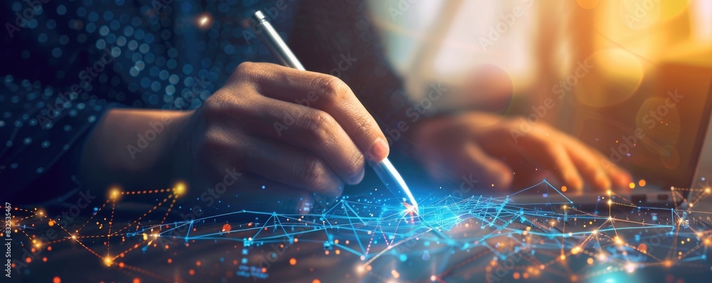 Pen writing with light beams illustrating data transfer close up ...