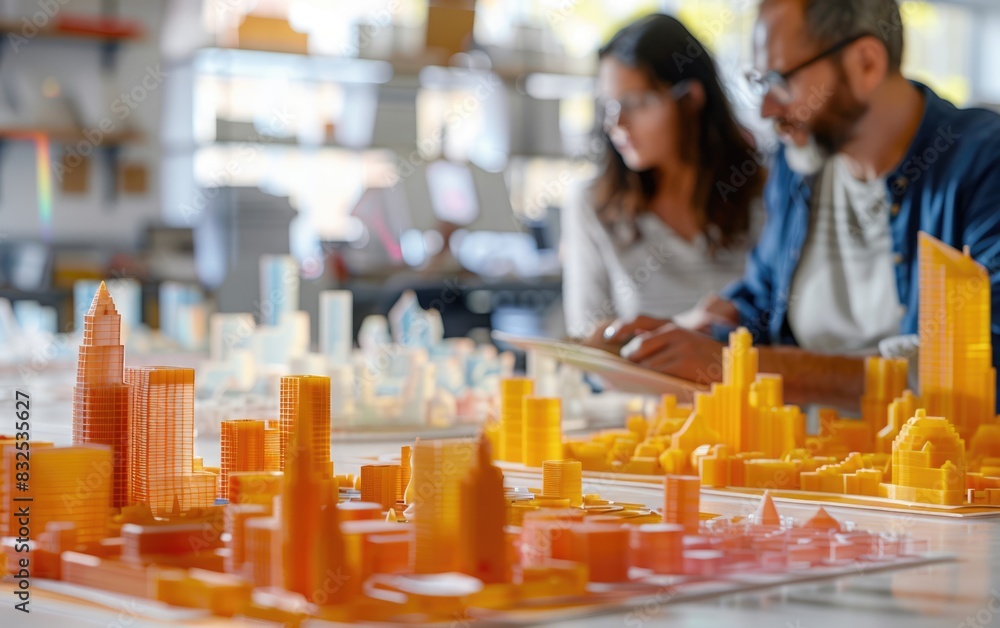 3D printed models of cityscapes in a city planning lab with planners ...