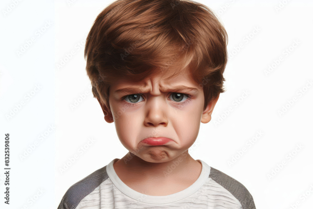Little Boy with a disgusted expression frown Isolated on white ...