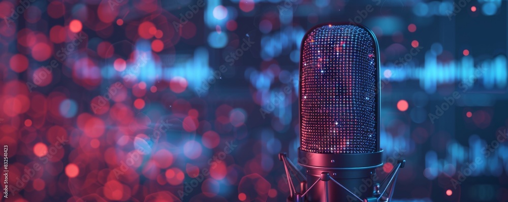 Old microphone on the right, with glowing data points and holographic ...