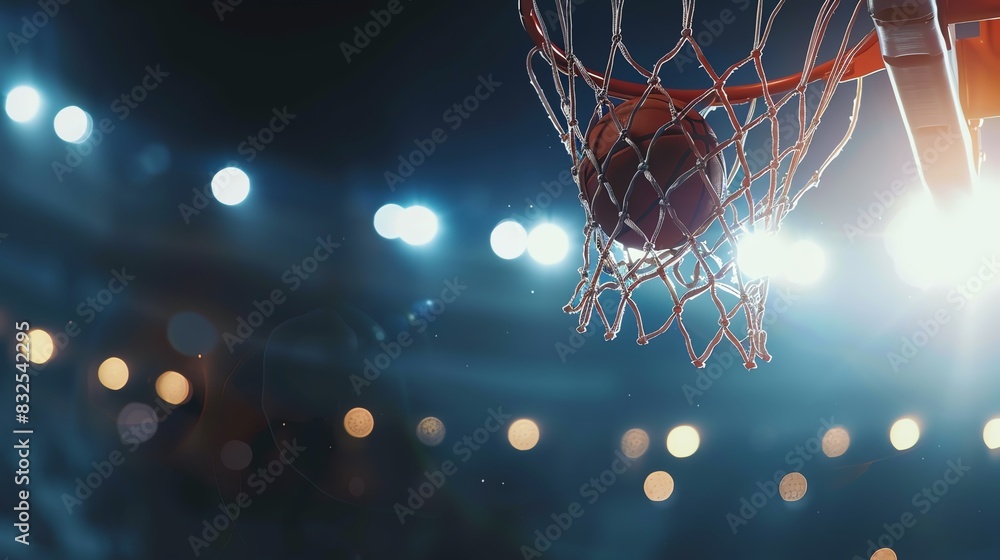Basketball swishing through the hoop during a game with bright stadium ...