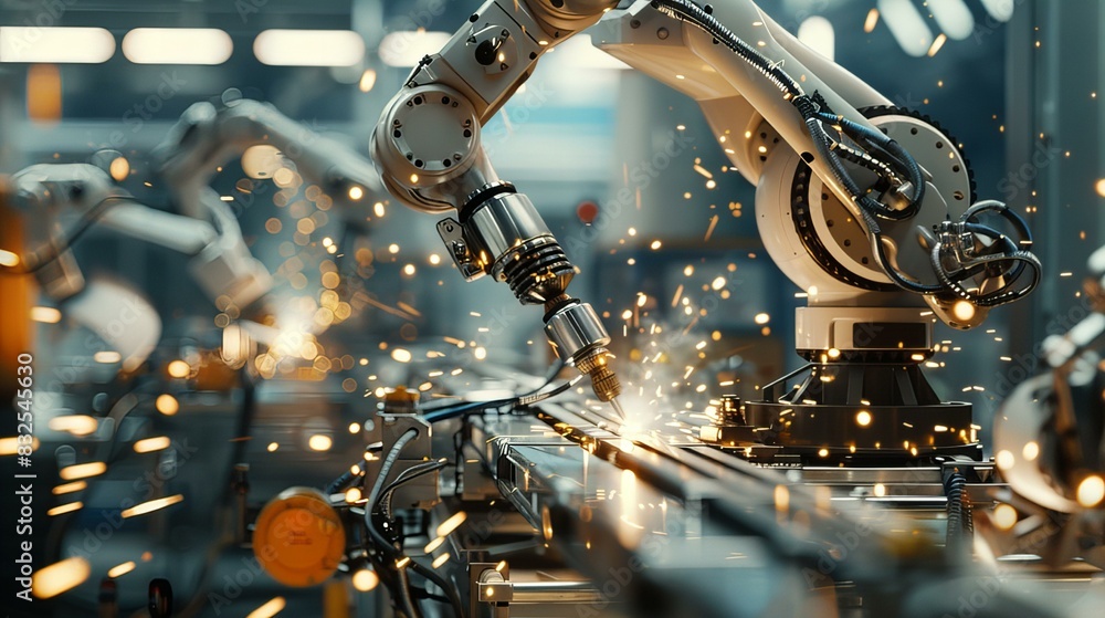 Robotic arm performing welding on a car chassis in a modern automotive ...