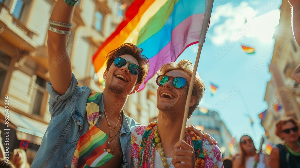 An LGBT rights activist waving a rainbow flag during the LGBT parade ...