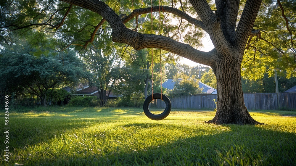 Experience the charm of a rustic tire swing suspended from a sturdy oak ...