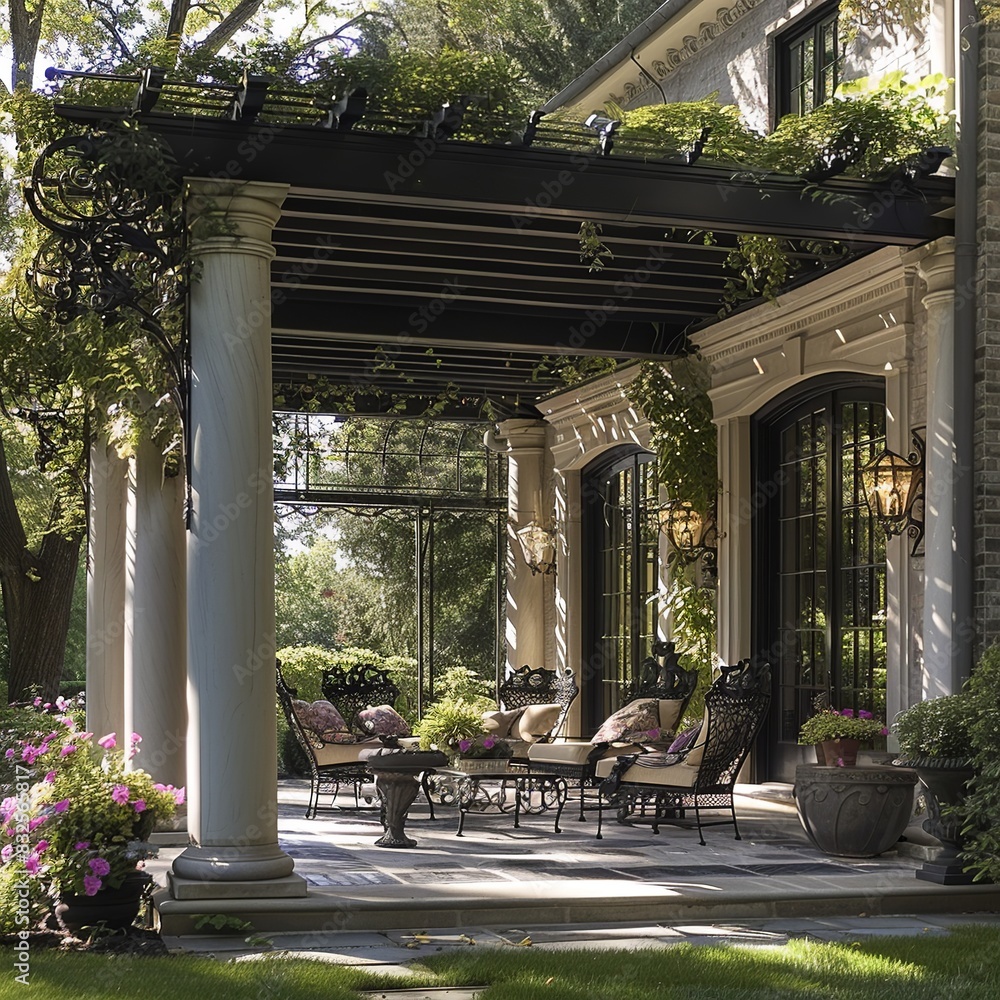 Explore a sleek pergola design in a photo, featuring modern furniture ...