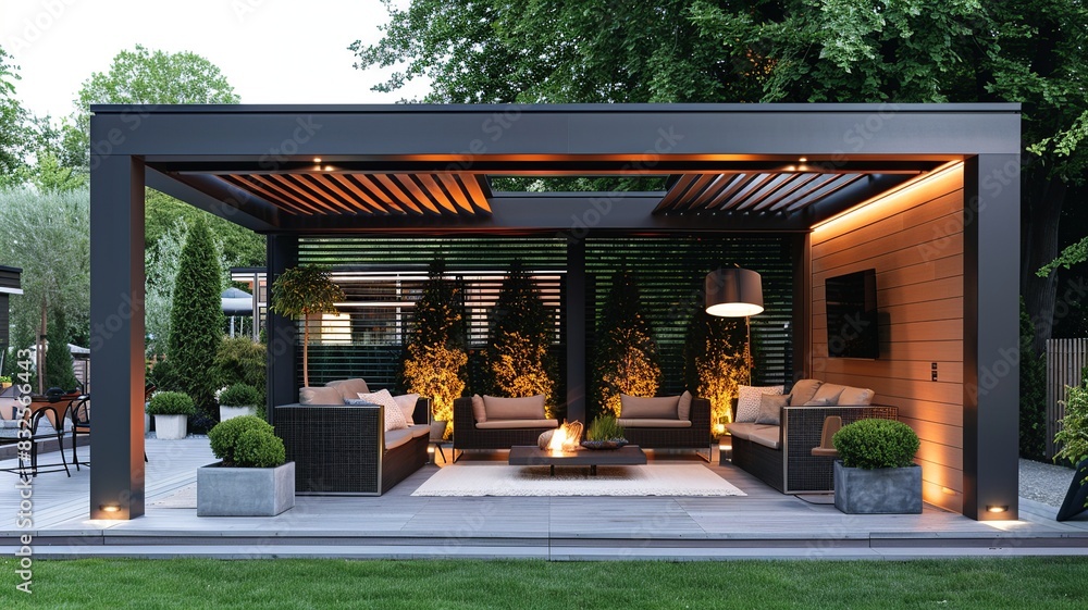Explore a sleek pergola design in a photo, featuring modern furniture ...