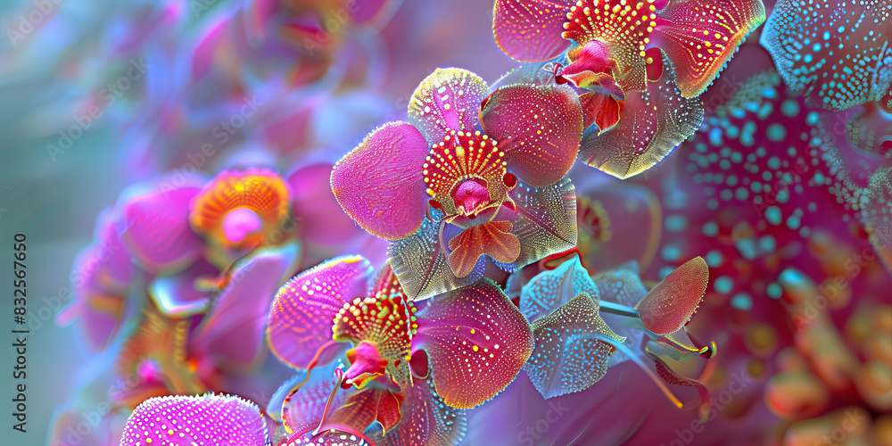 An orchid plant, its petals in various shades of purple, pink and white ...