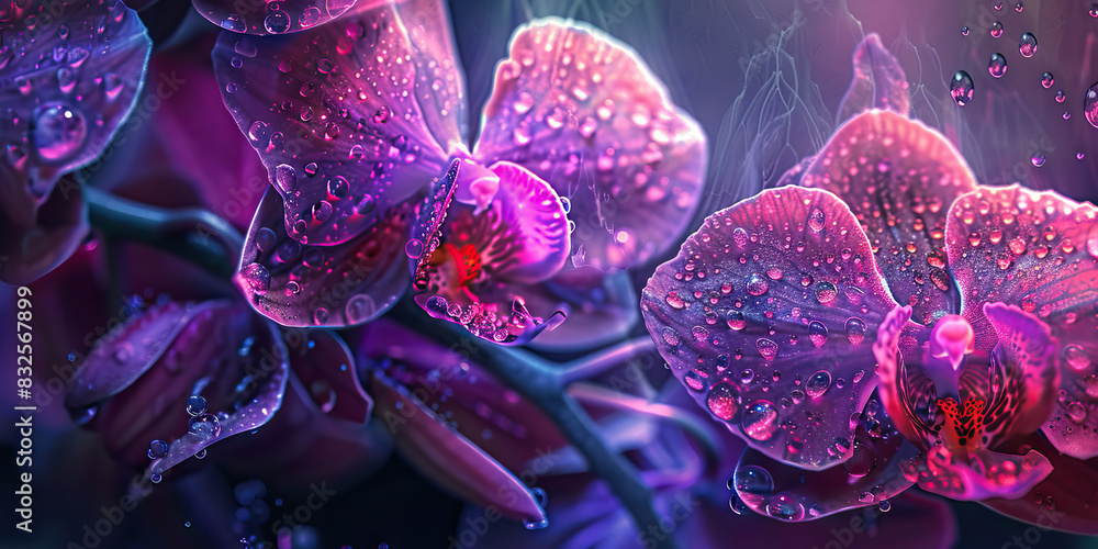 An orchid plant, its petals in various shades of purple, pink and white ...