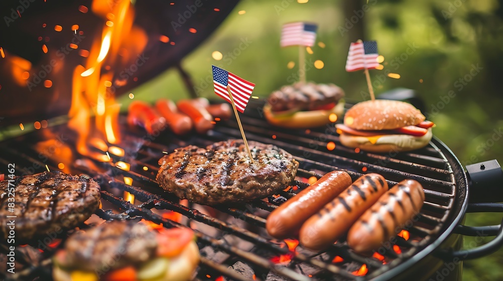 Hot summer barbecue with hamburgers, hot dogs and steaks on the grill ...