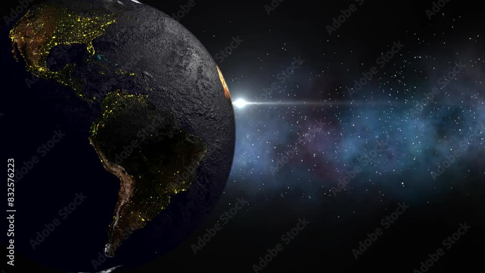 3d Planet Earth Rotating With Sun On Space. 3d Earth Turning To Black ...