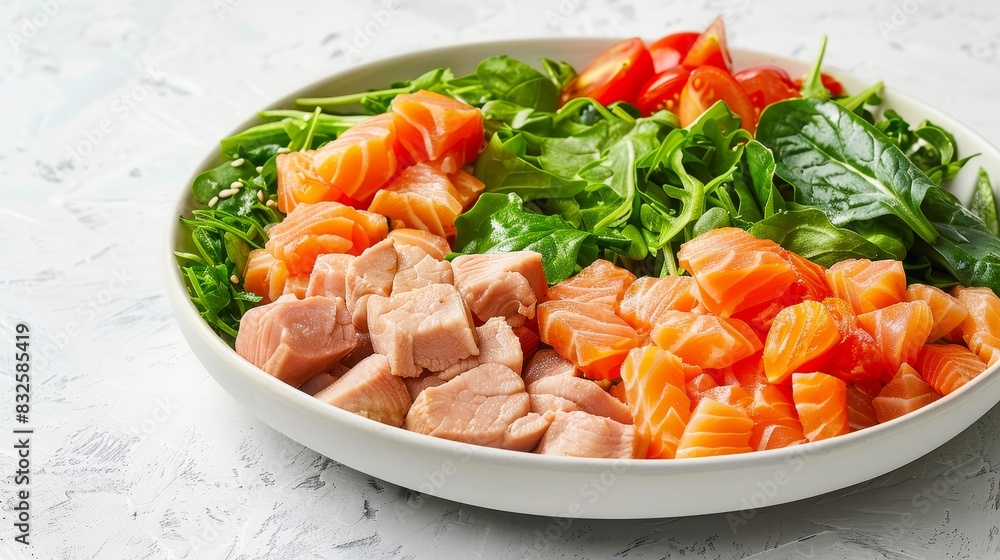 Colorful and balanced plate of KETO-friendly fish foods, rich in leafy ...