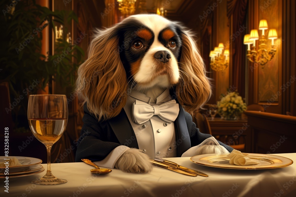 The Cavalier King Charles Spaniel dressed in a formal tuxedo, sitting ...