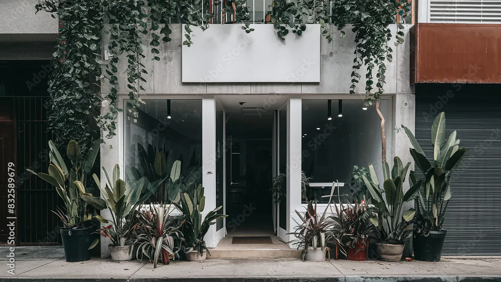 Chic minimalist modern concrete cafe shop facade with windows ...