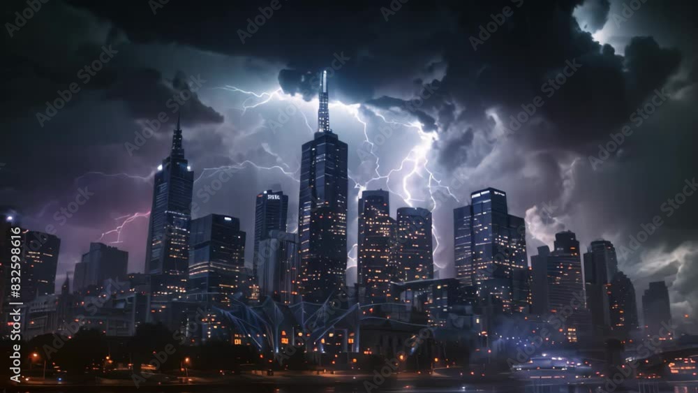 A city skyline stands under a dramatic stormy sky with frequent ...