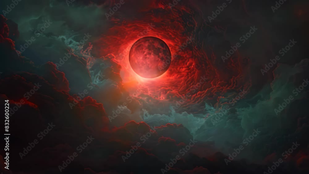 A painting featuring a vibrant red moon shining through dark, swirling ...