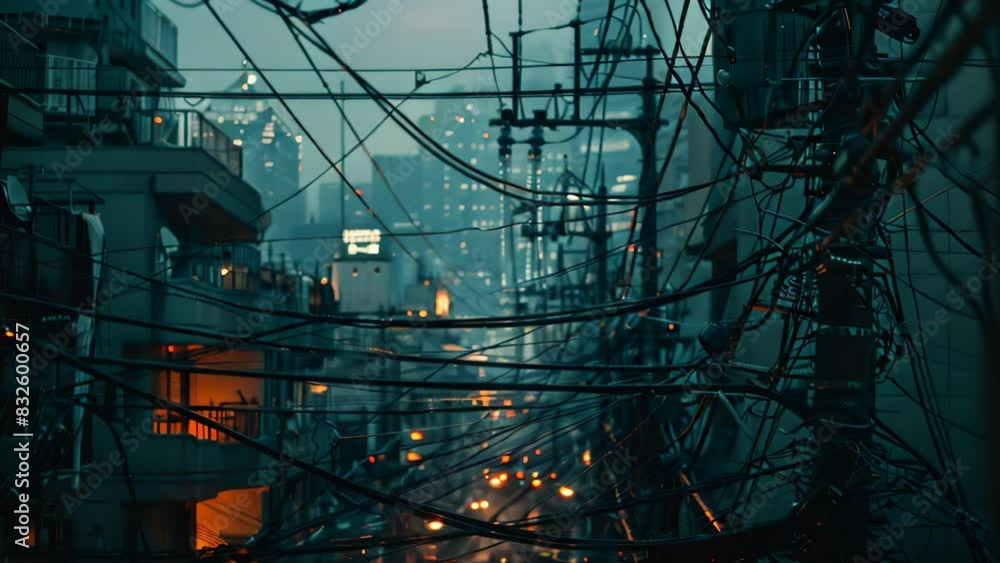 City street crowded with multiple power lines and cables creating a ...