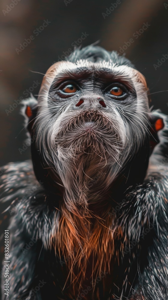 Detailed view of Emperor Tamarin monkeys face with a blurred background ...