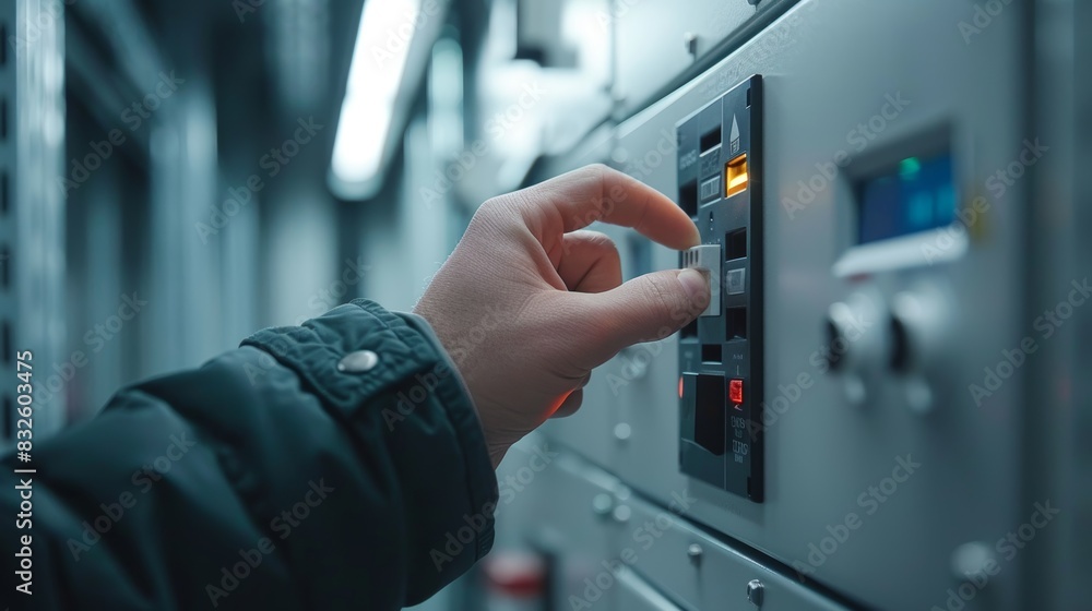 A close-up shot of a hand flipping a switch on a modern electrical ...