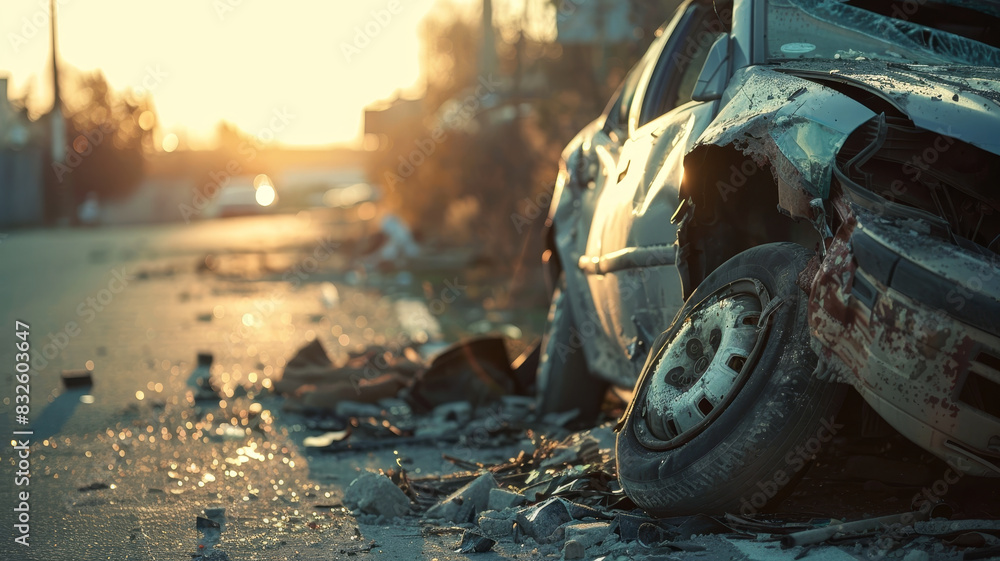 Aftermath of a Devastating Car Crash on the Road with Debris and ...